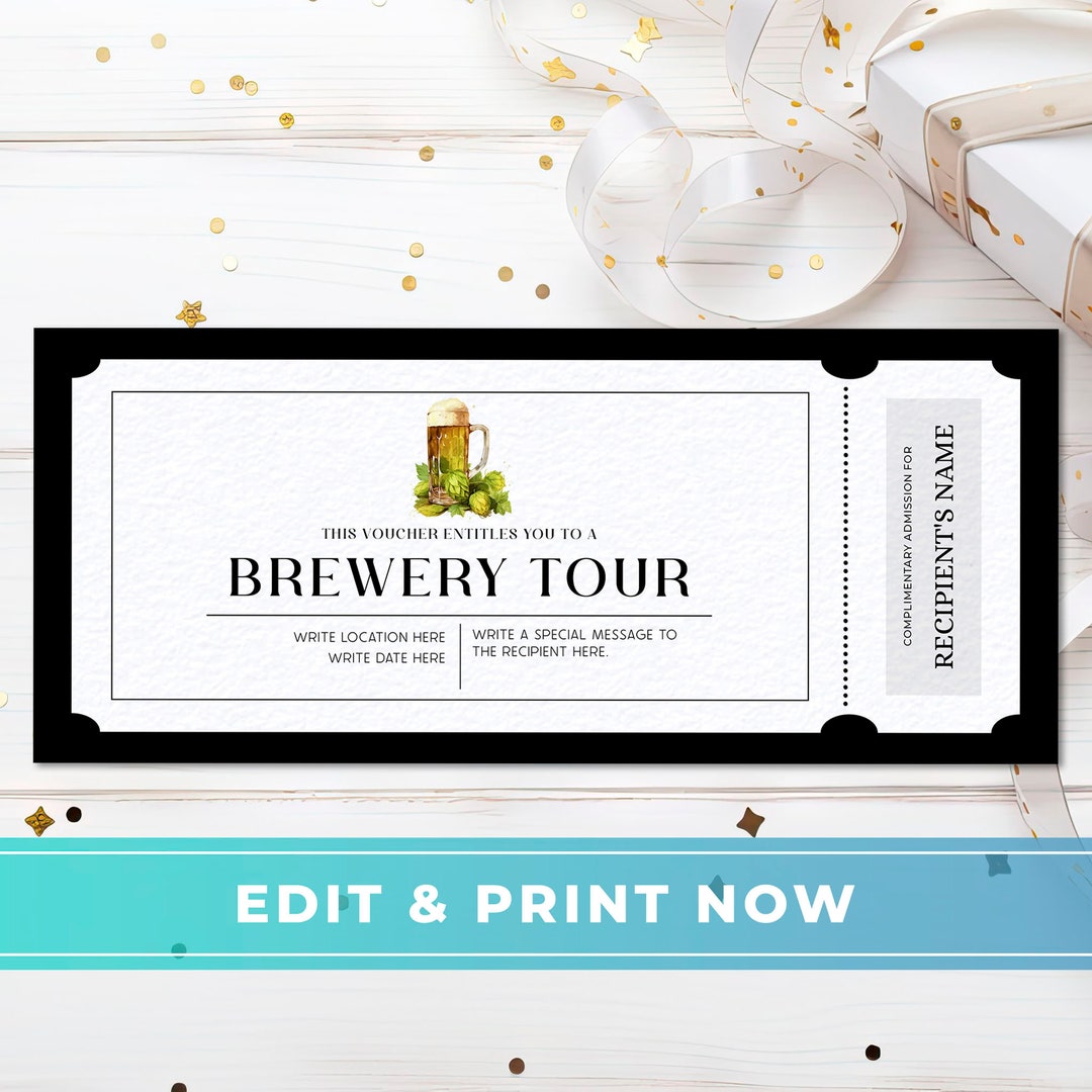 Brewery Tour Gift Voucher, Editable Gift Certificate, DIY Anniversary ...