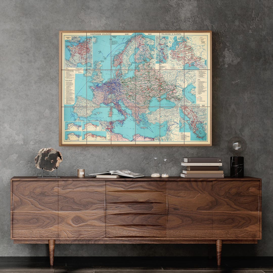 WW2: Europe Campaigns - Vintage Map Print, 1947 Large Military Wall Art ...