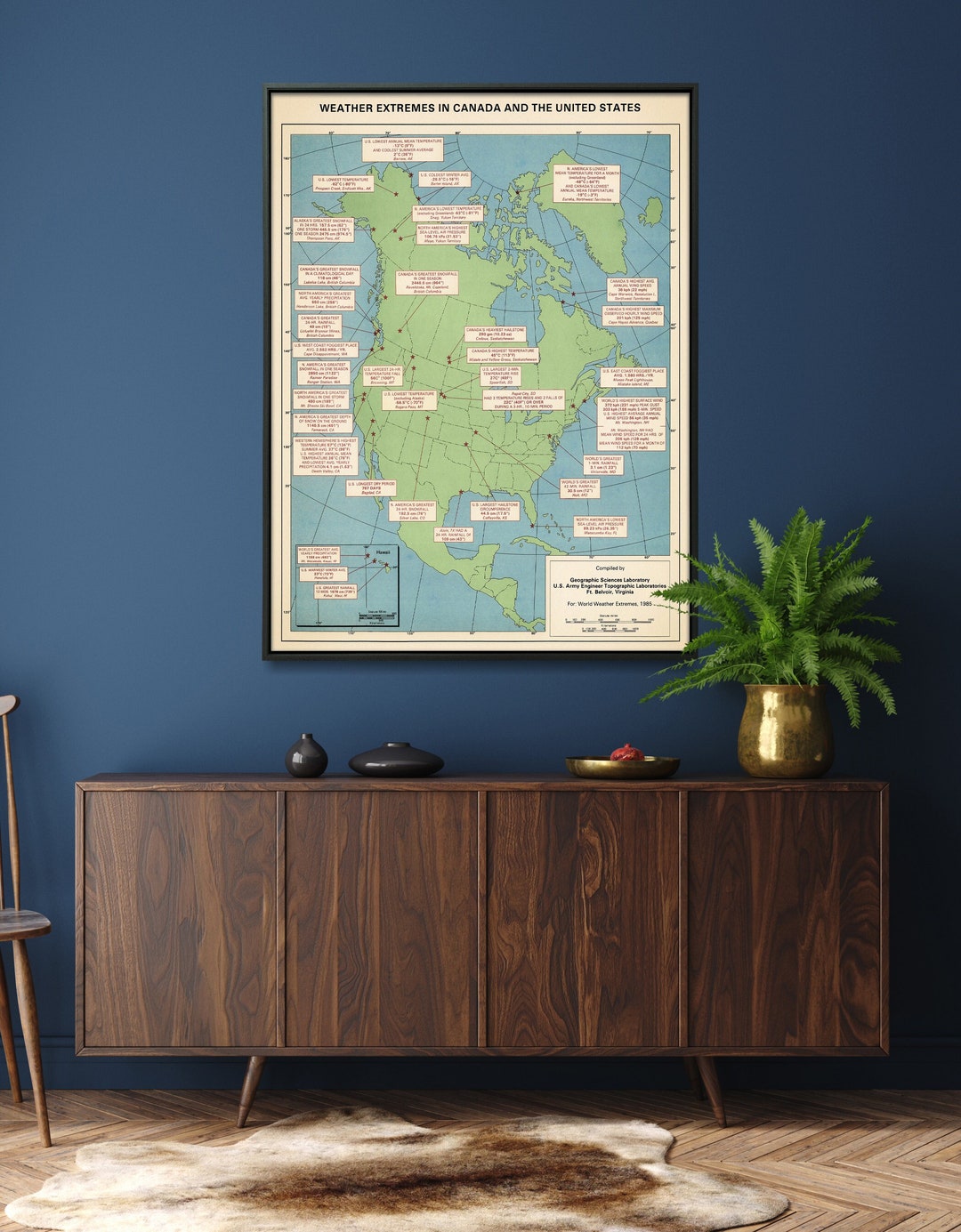 Vintage Weather Extremes Map of US & Canada: Meteorology Print - Etsy