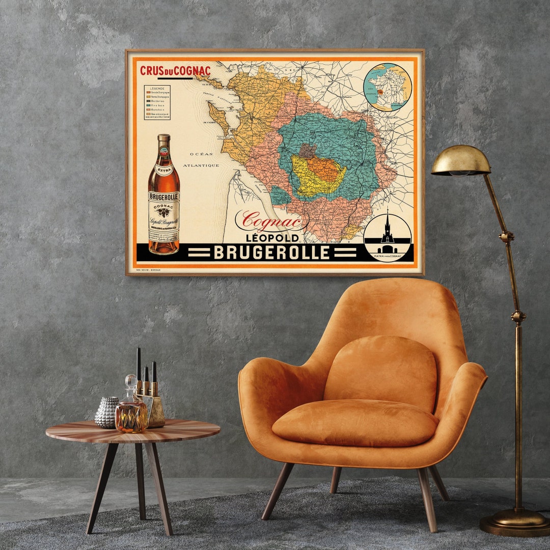Cognac Crus Vintage Map Print, France Wine Region Map Poster, Wall Art ...