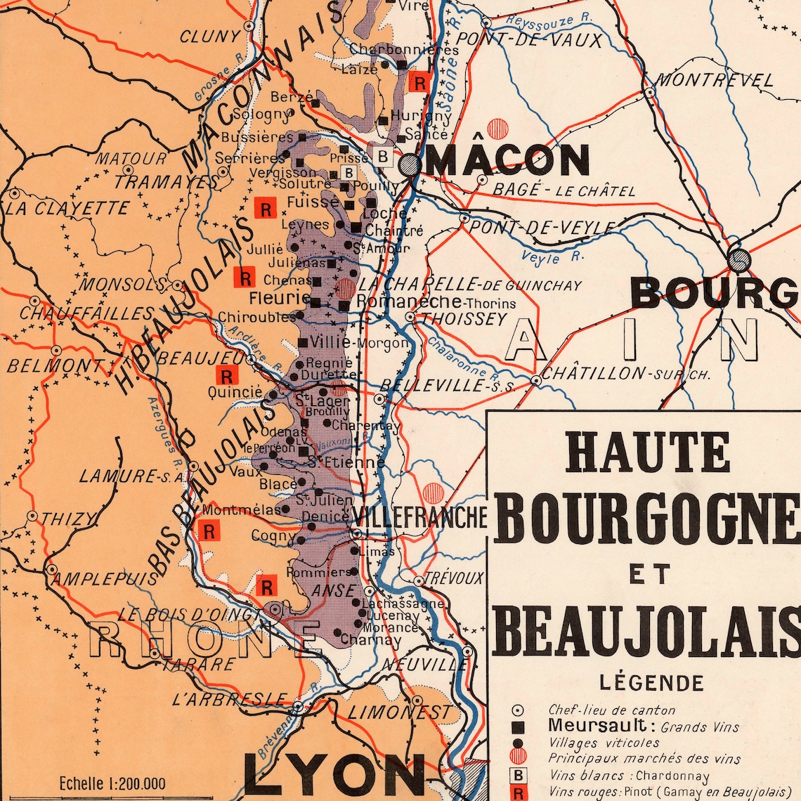 Wine Map Of Bourgogne Beaujolais Wine Map Wine Map France | Etsy