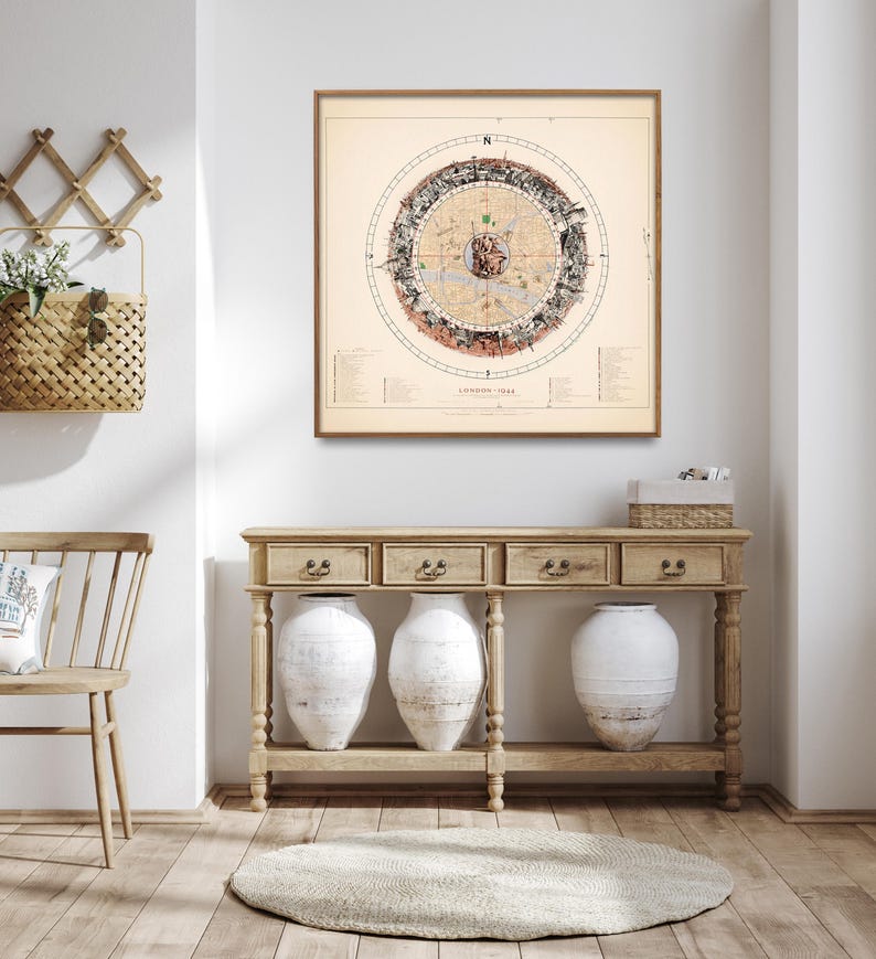 London Vintage Bird View Print, Circular Map Poster, Square Wall Art ...