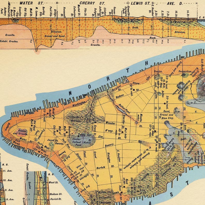 Manhattan Island - Vintage Geologic Map & Sections Print, Geologist ...