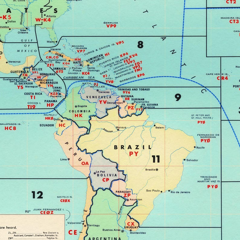 Vintage Ham Radio Prefix World Map, 1950s Poster, Amateur Radio ...