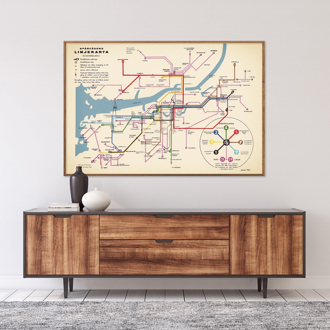 Gothenburg, Sweden: Tramway & Bus Lines - Vintage Map Print, Wall Art ...