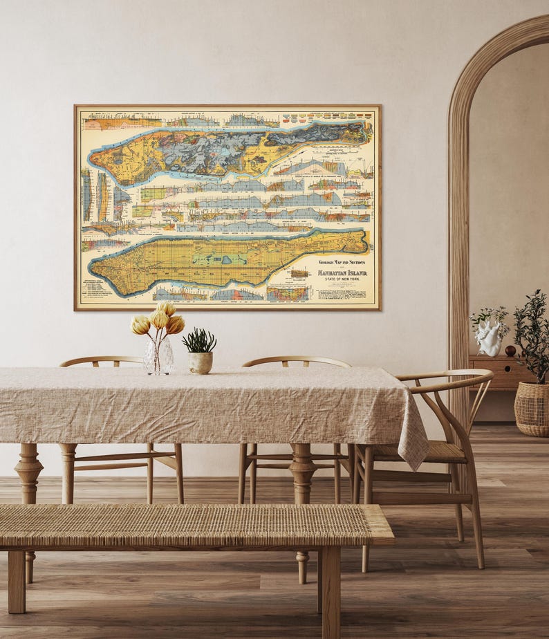 Manhattan Island - Vintage Geologic Map & Sections Print, Geologist ...