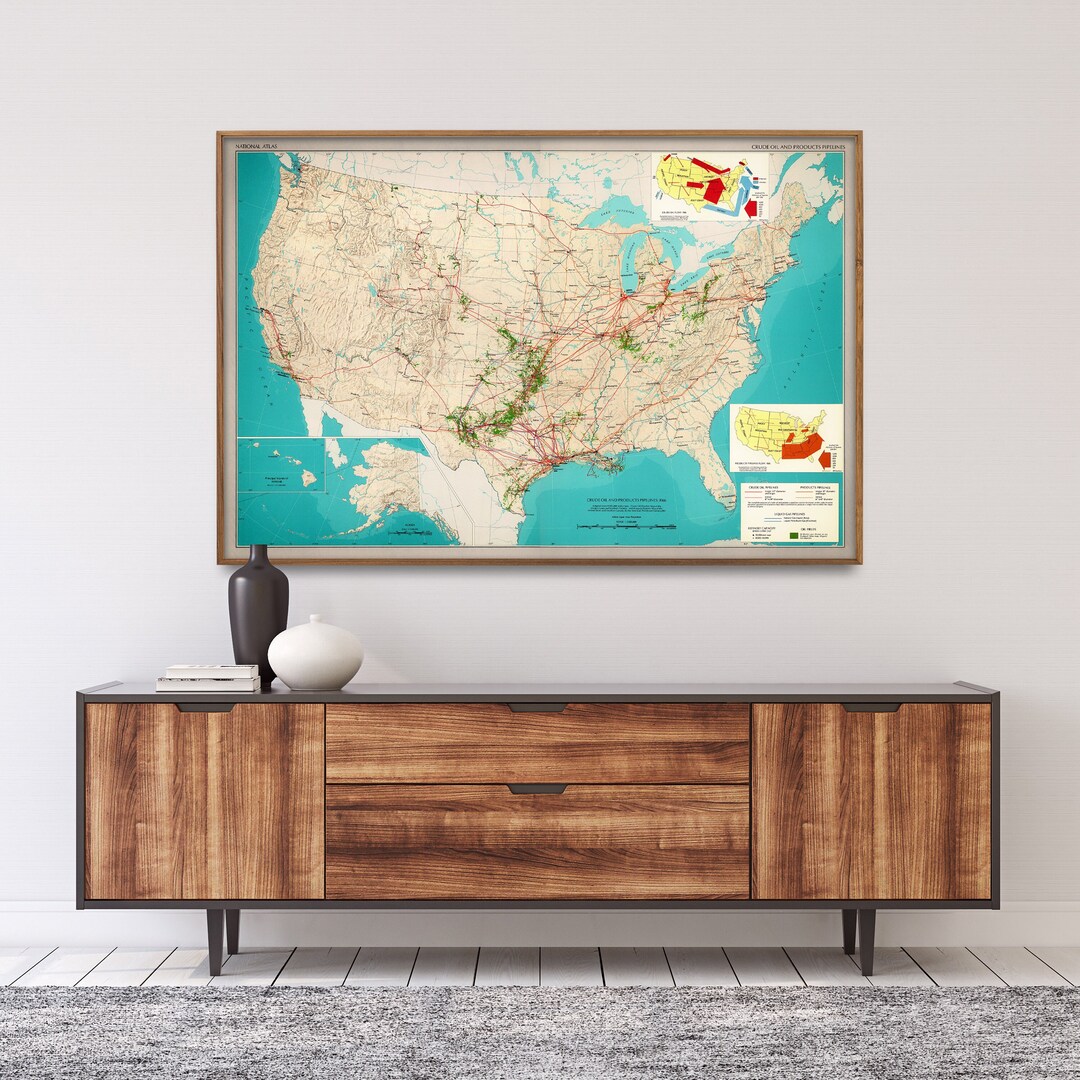 US Oil Production & Products Pipelines Vintage Map Print American ...