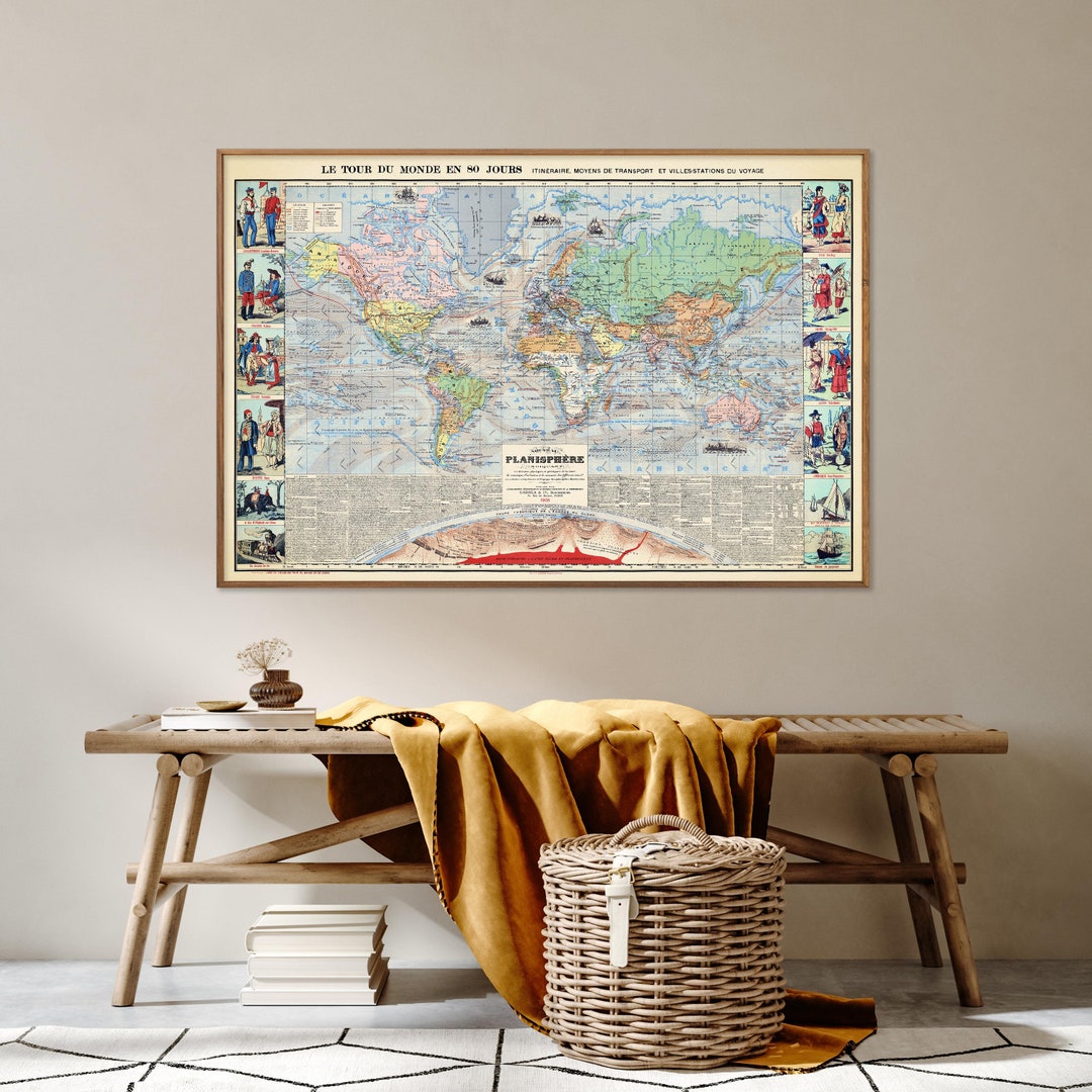 Around the World in 80 Days - Vintage Map Print, Wall Art Home Gift - Etsy