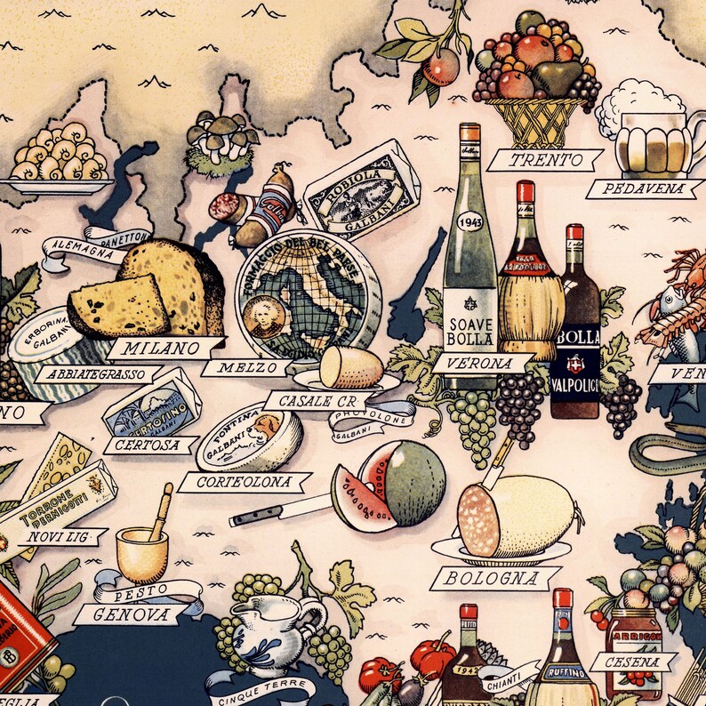 Vintage Italy Food & Wine Map Art Print: Kitchen Decor Poster - Etsy