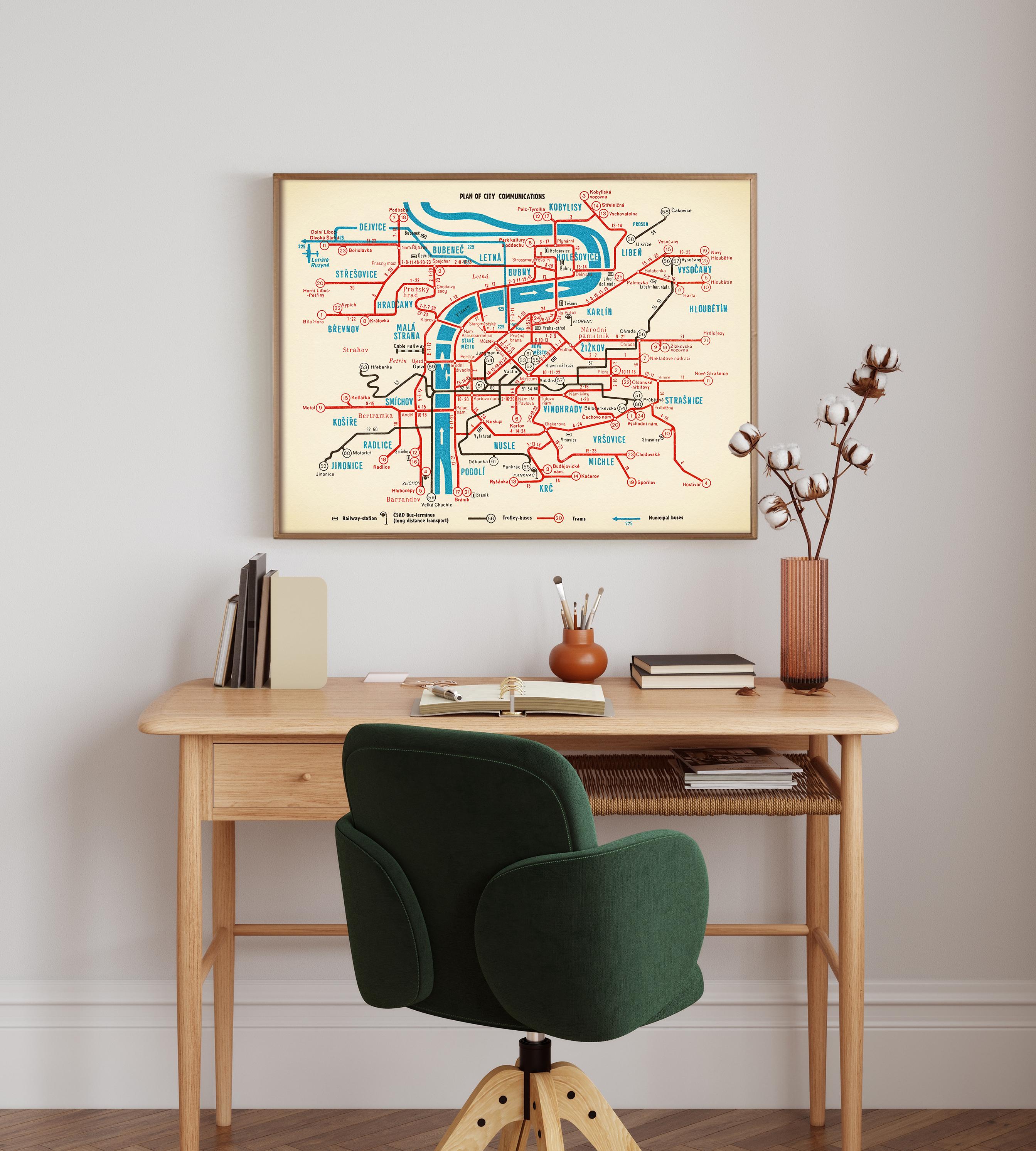 Prague, Czechoslovakia: Tramway & Bus Lines - Vintage Map Print, Wall ...