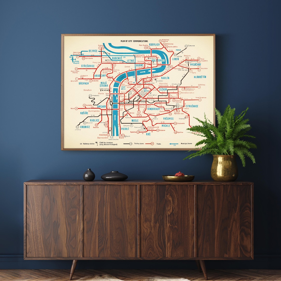 Prague, Czechoslovakia: Tramway & Bus Lines - Vintage Map Print, Wall ...