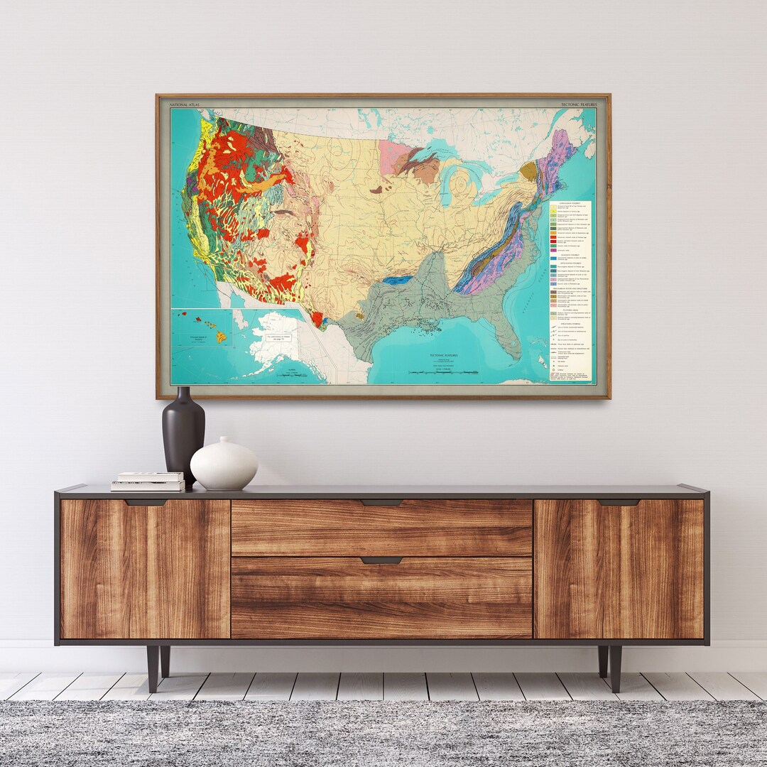 Tectonic Features of Usa| Vintage Geologic Us Map Print| American ...