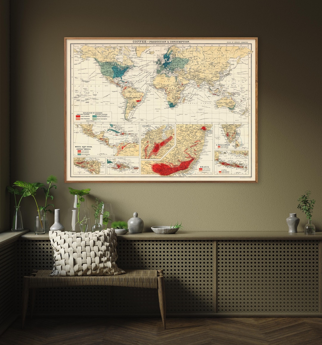 Coffee Growing Countries Map, Vintage Coffee Map of the World, Large ...
