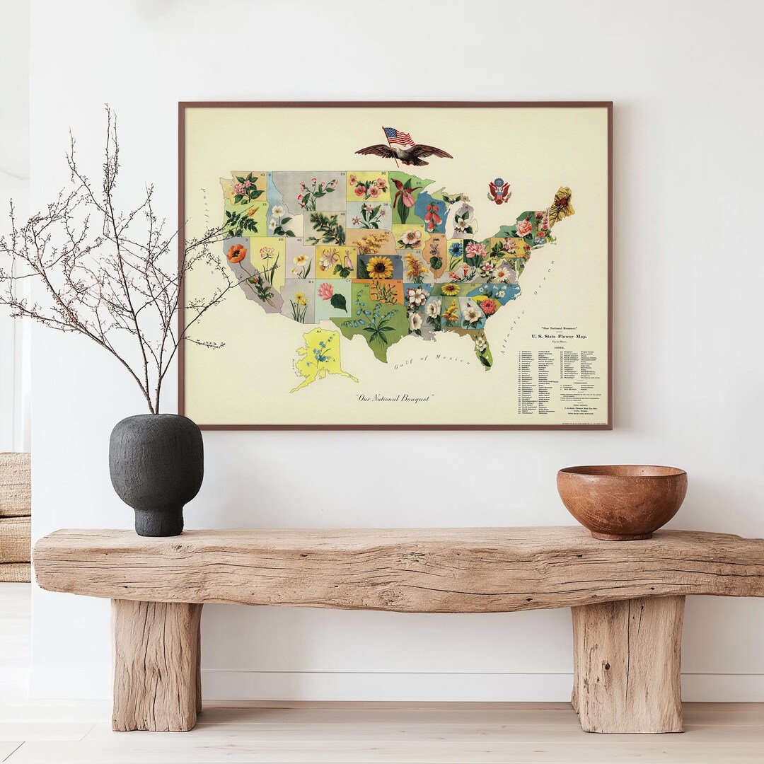 Vintage US State Flower Map Print, USA Floral Wall Art, Botanical ...