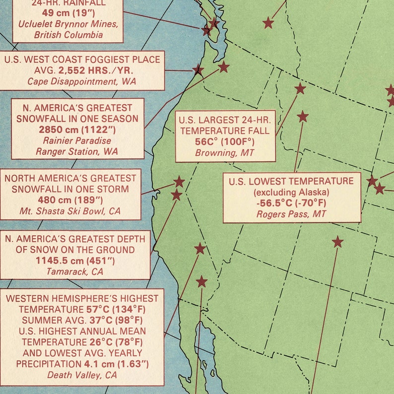 Vintage Weather Extremes Map of US & Canada: Meteorology Print - Etsy