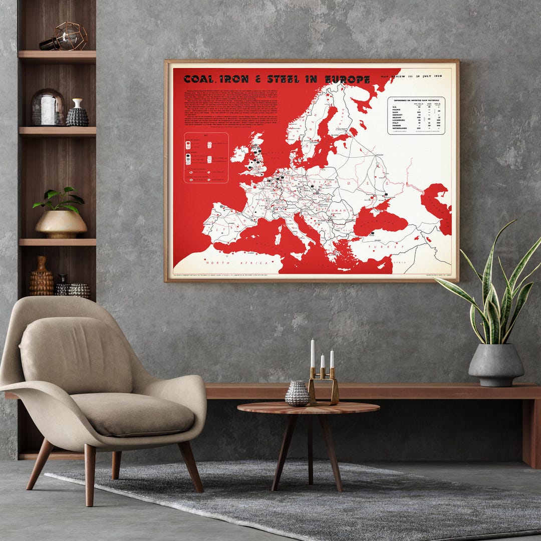 Industrial Europe Map: Coal, Iron & Steel - Vintage Economic Chart ...