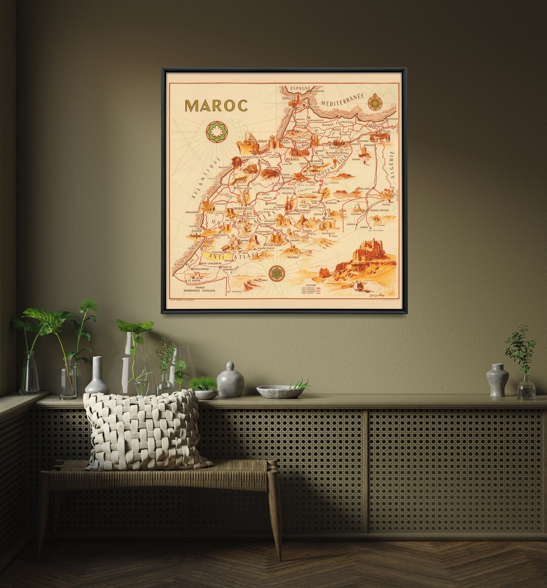 Morocco Vintage Map Print| Moroccan Home Decor| Morocco Wall Art Poster ...