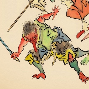 Samurai Fighting Tengu Spirits, Vintage Japanese Painting Print, Japan ...