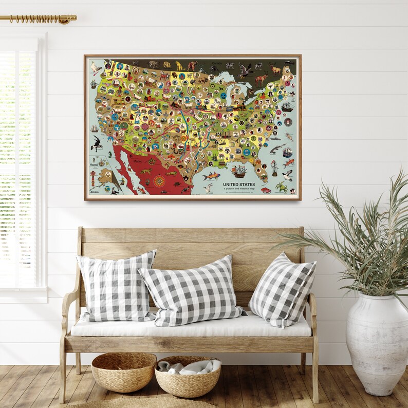 US Vintage Historical Map Print America Pictorial Map Poster - Etsy