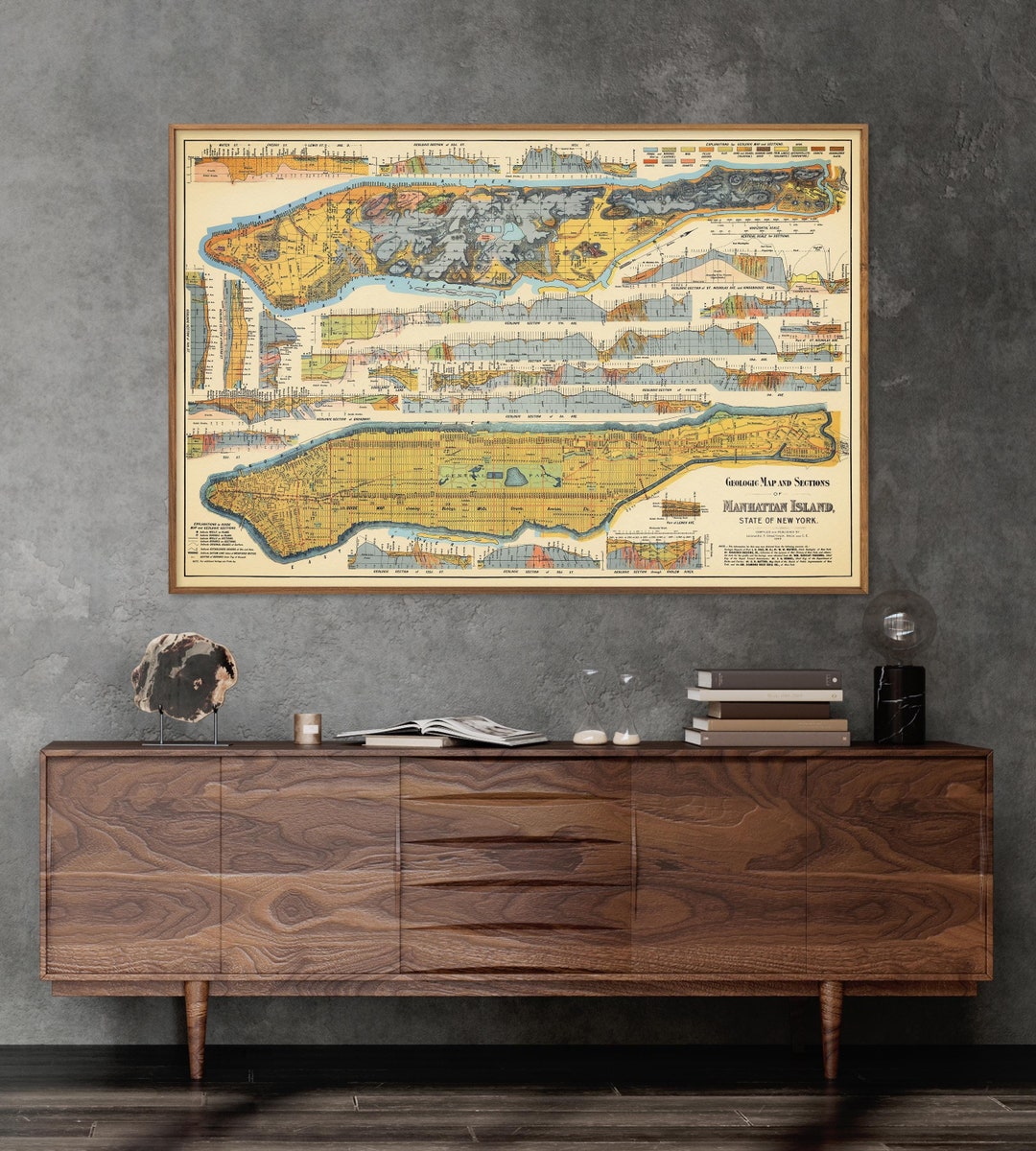 Manhattan Island - Vintage Geologic Map & Sections Print, Geologist ...