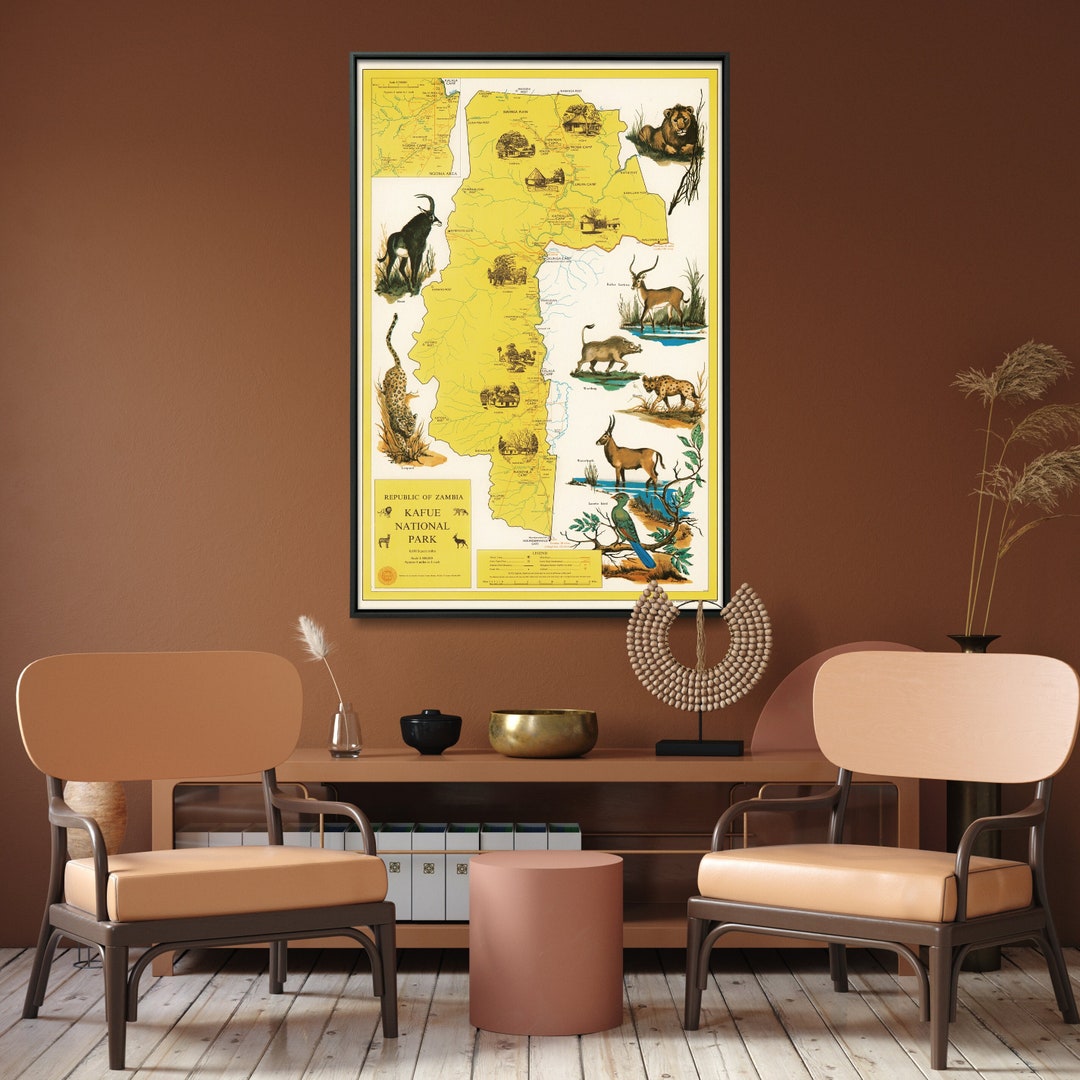 Kafue National Park Vintage Map Print| Zambia Poster Map| Safari Wall ...