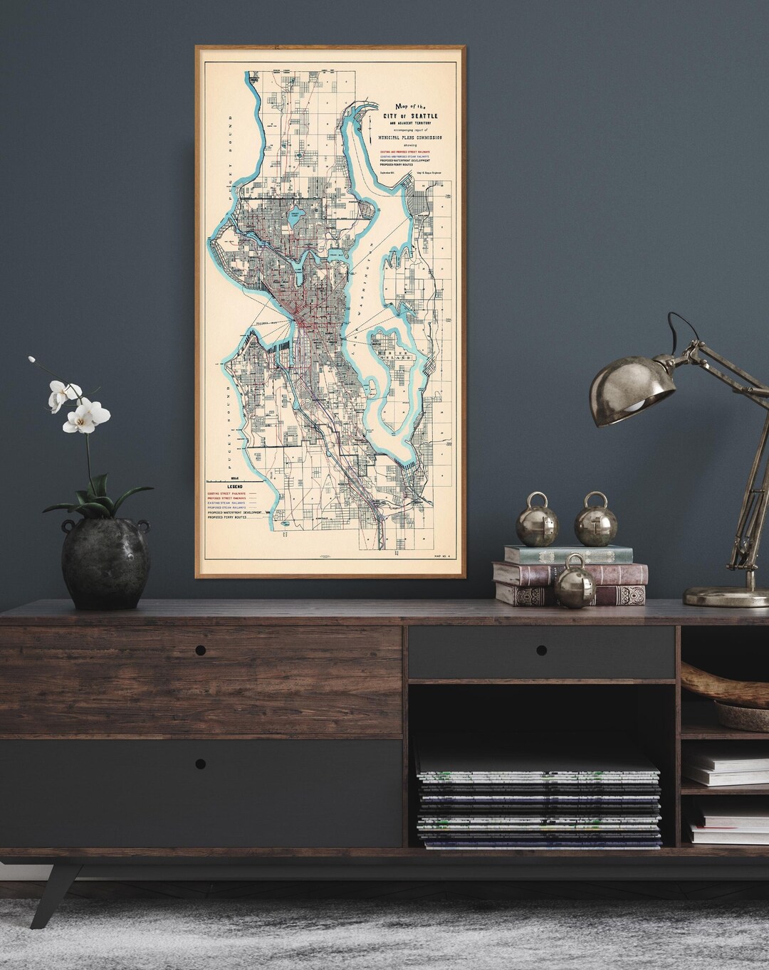 Seattle Vintage Map Print, Tall & Narrow Map Poster, Wall Art Home Gift ...