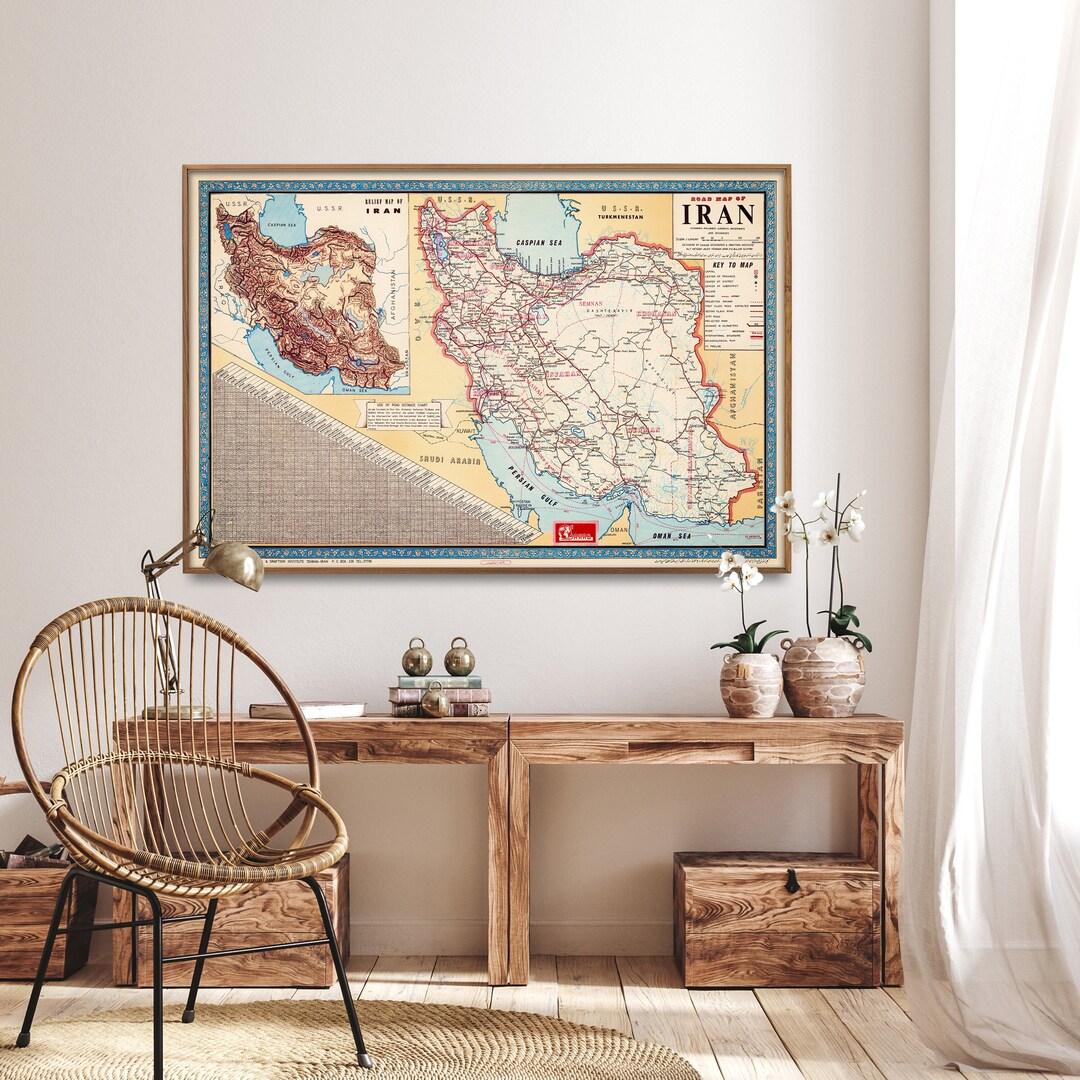 Iran Vintage Road Map Print Travel Map Poster Iranian Wall Art Home ...