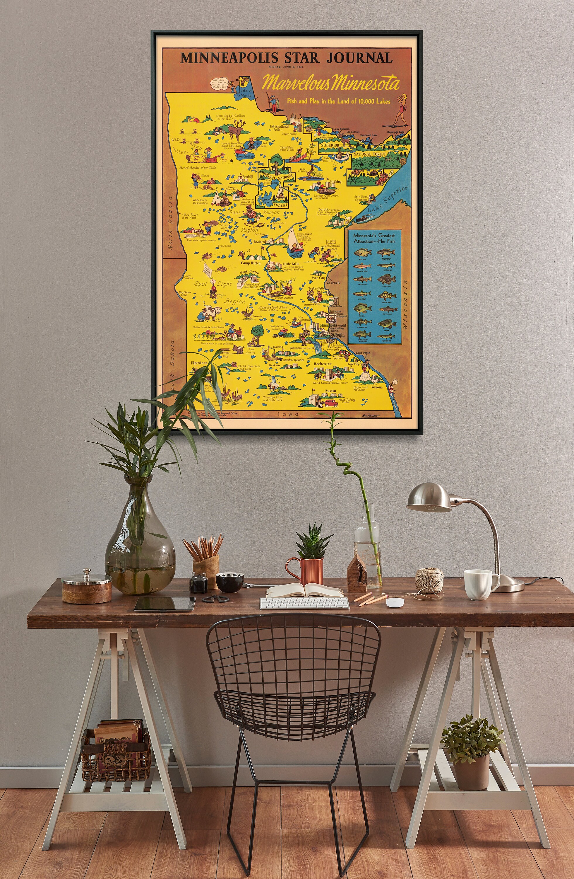 Minnesota Fishing Map Poster State of Minnesota Vintage Map | Etsy