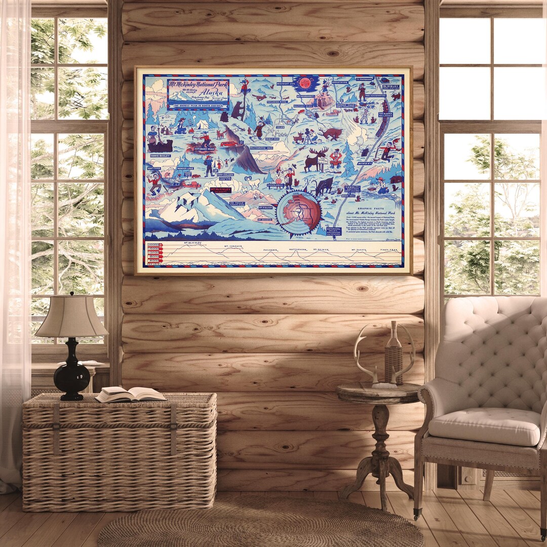 Mount Mckinley, Alaska - Vintage Pictorial Map Print, Wall Art Home ...