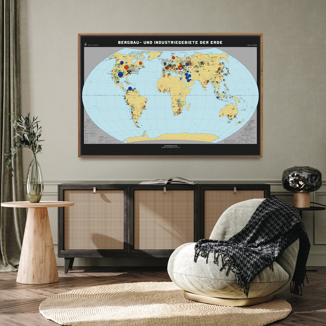 Vintage Industrial World Map Print Mid Century German Map Poster ...