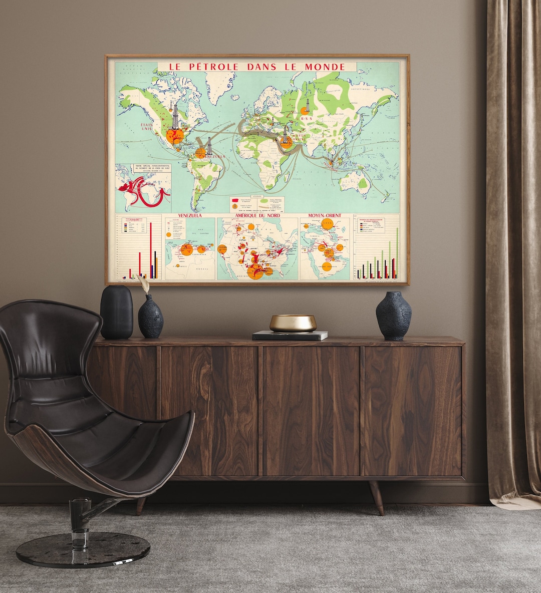 World Oil Vintage Map Print, Mid Century Petroleum Industry Poster, Oil ...