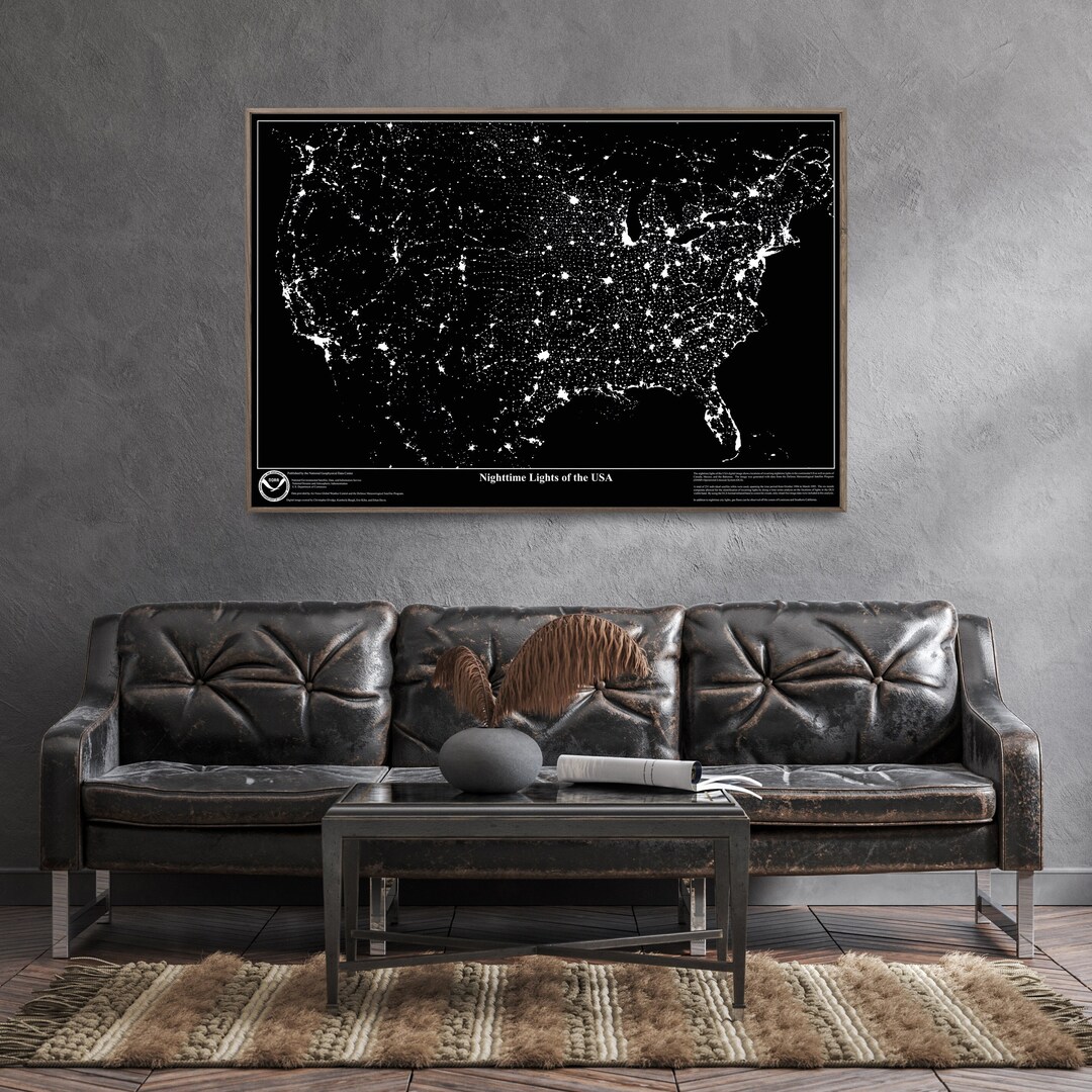 Night Time Lights of the USA Vintage Map Print| Black & White Poster ...