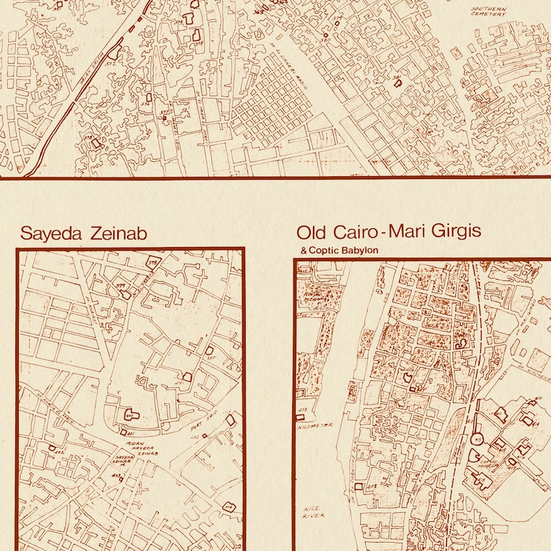 Cairo Islamic Monuments Vintage Map Art Print: Egypt Muslim Home Decor ...