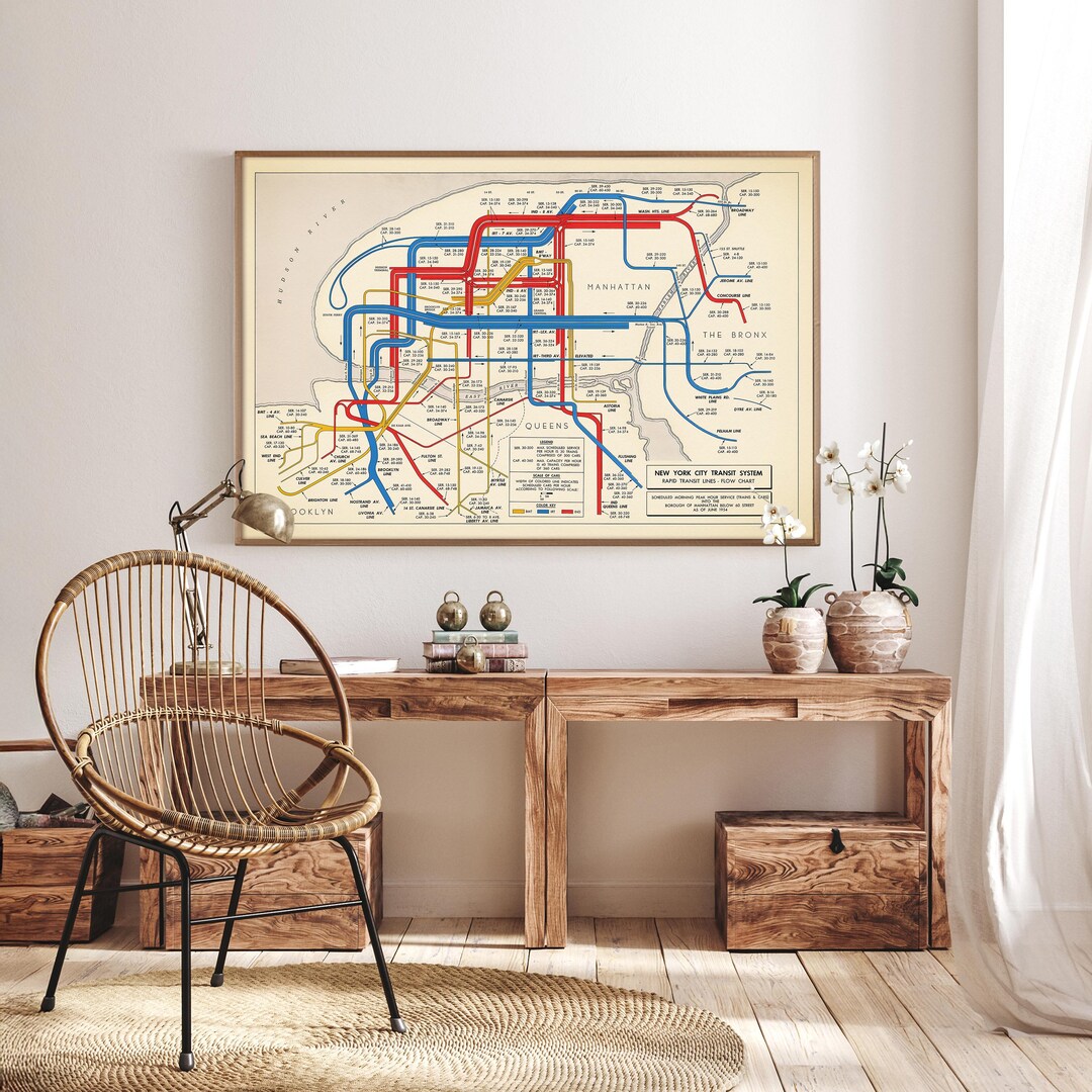 New York City Transit System Chart - Vintage Subway Map Print, Wall Art ...