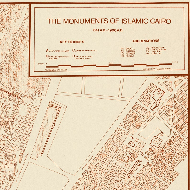 Cairo Islamic Monuments Vintage Map Art Print: Egypt Muslim Home Decor ...
