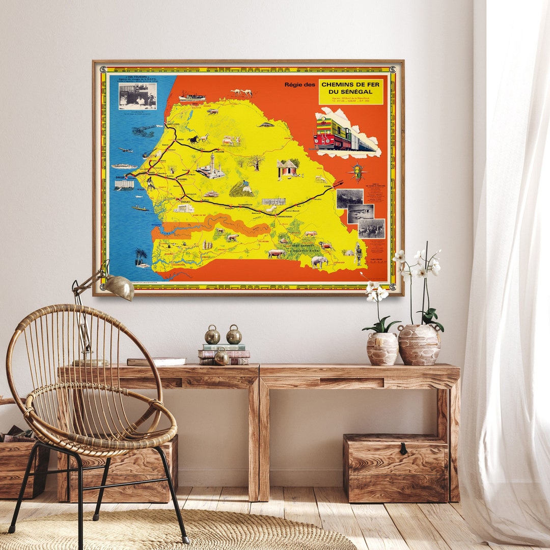 Senegal Vintage Map Print| Railroads Map Poster| African Safari Wall ...
