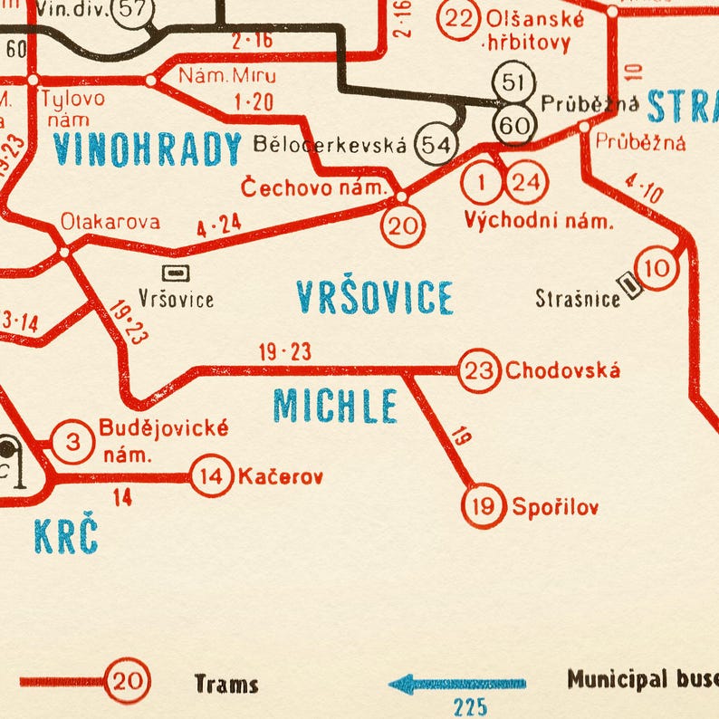 Prague, Czechoslovakia: Tramway & Bus Lines - Vintage Map Print, Wall ...