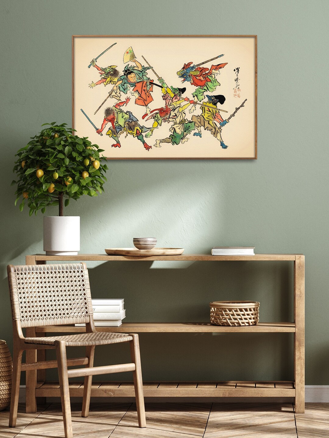 Samurai Fighting Tengu Spirits Vintage Japanese Painting Print Japan ...