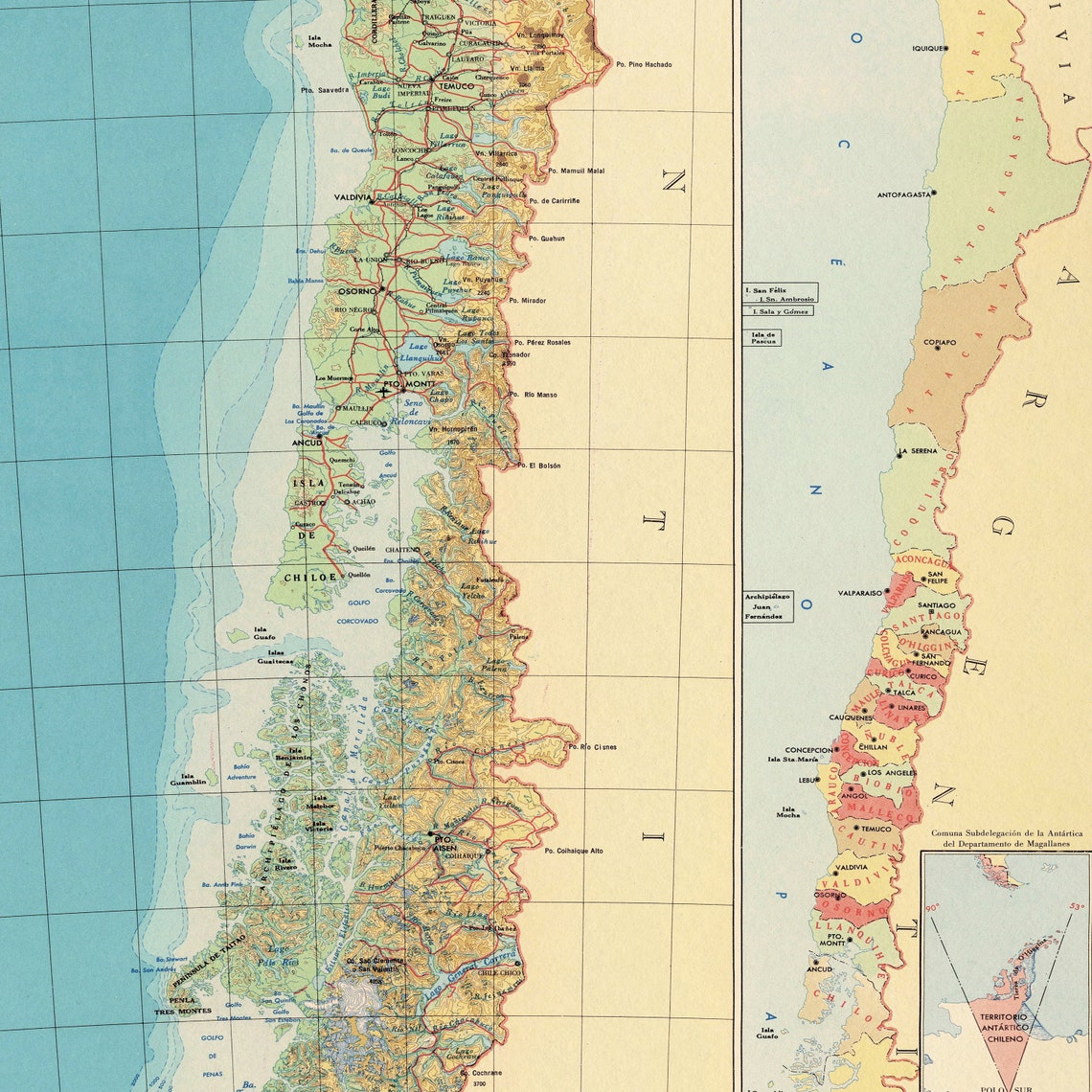 Chile Vintage Map Chile Poster Chile Gifts Tall Narrow Wall - Etsy