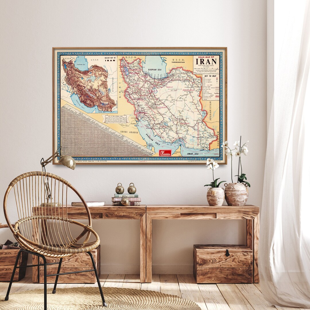 Iran Vintage Road Map Print, Travel Map Poster, Iranian Wall Art Home ...