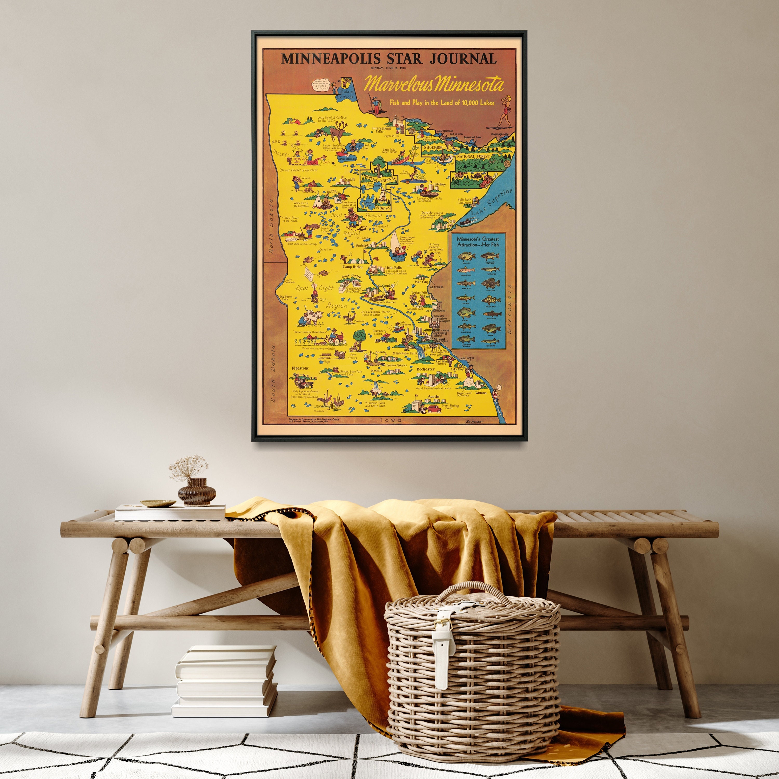 Minnesota Fishing Map Poster State of Minnesota Vintage Map | Etsy