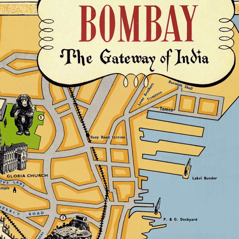 Mumbai Vintage Map Print| Old Bombay Square Poster| Wall Art Home Gift ...
