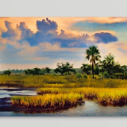 Blue Marsh Art Coastal Sunset Marsh Landscape Painting - Etsy