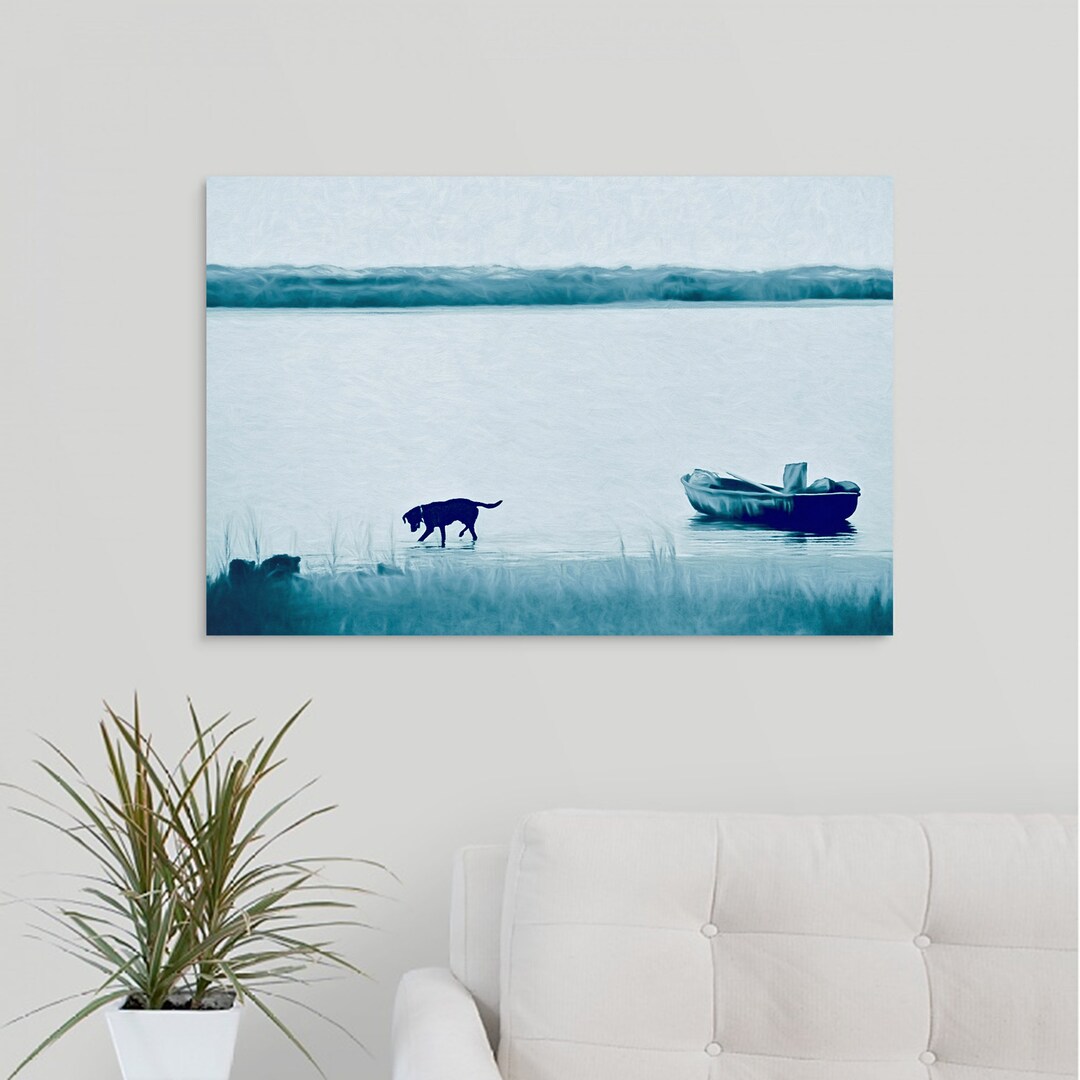 Blue Coastal Wall Art, Black Dog Art, Dog Day Afternoon, Dinghy, Marsh ...