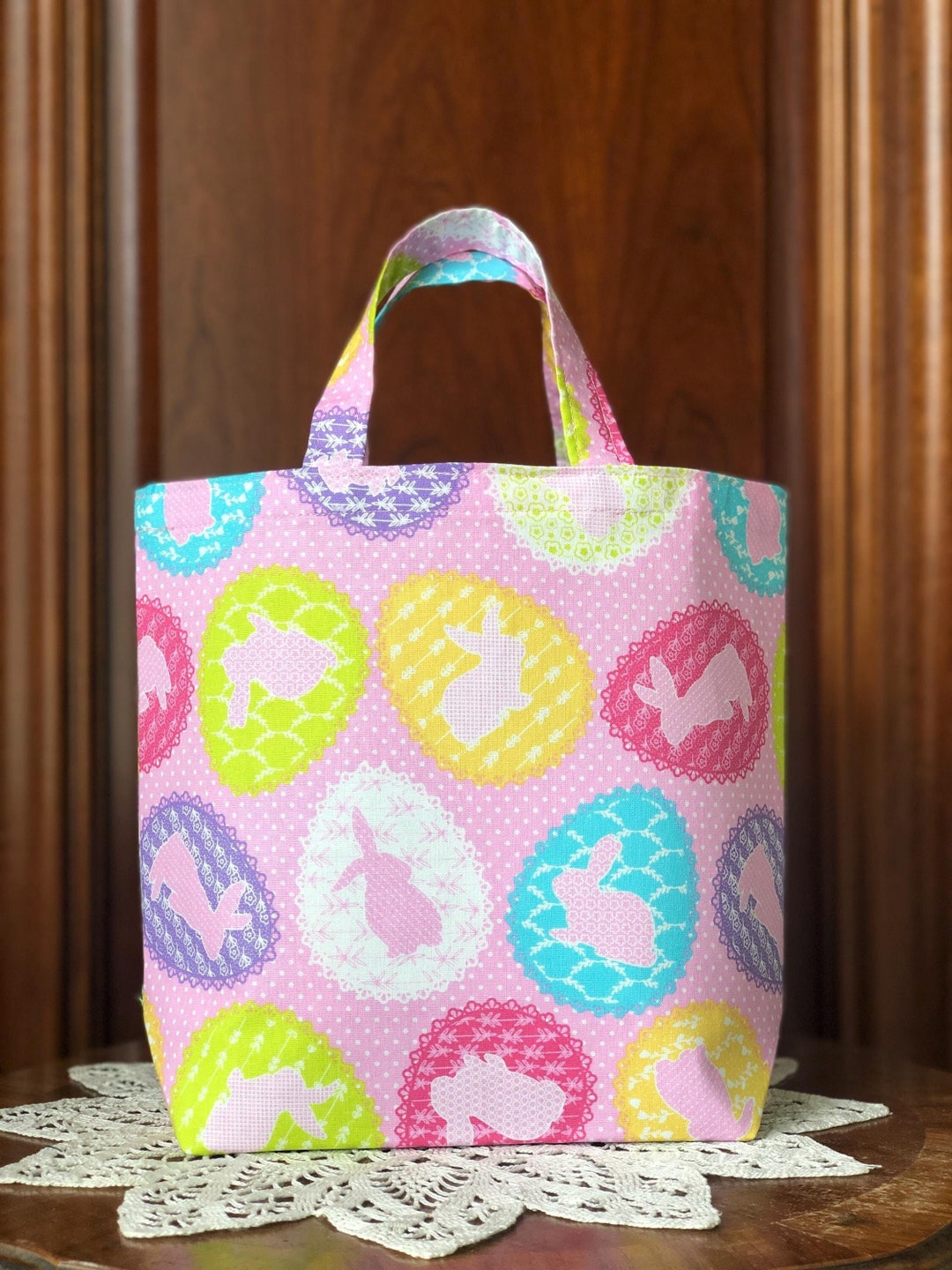 Easter Fabric Gift Bag/small Tote: Easter Egg Designs With Bunny Rabbit ...