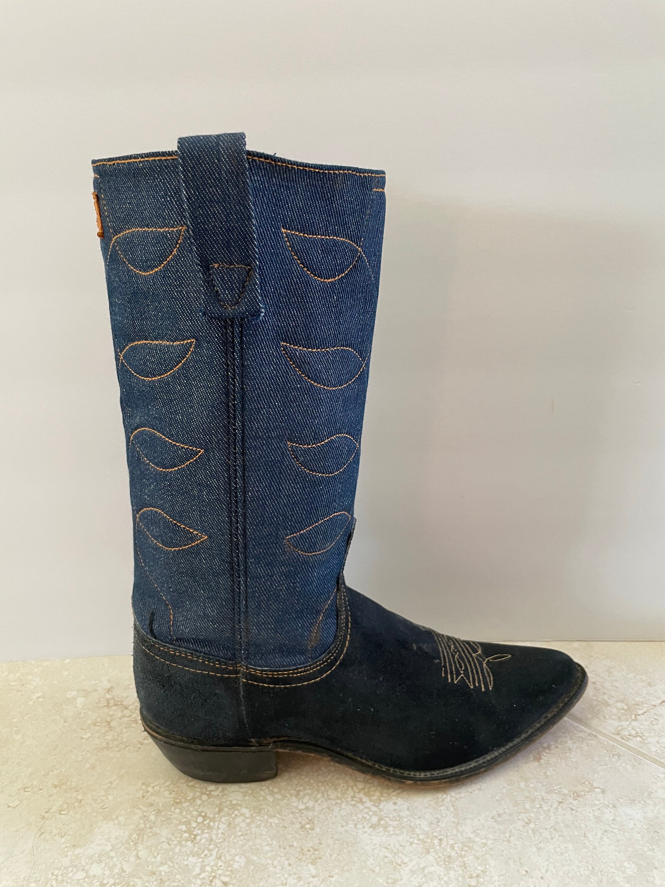 Vintage 1970s ACME Blue Suede and Denim Cowboy Boots - Etsy