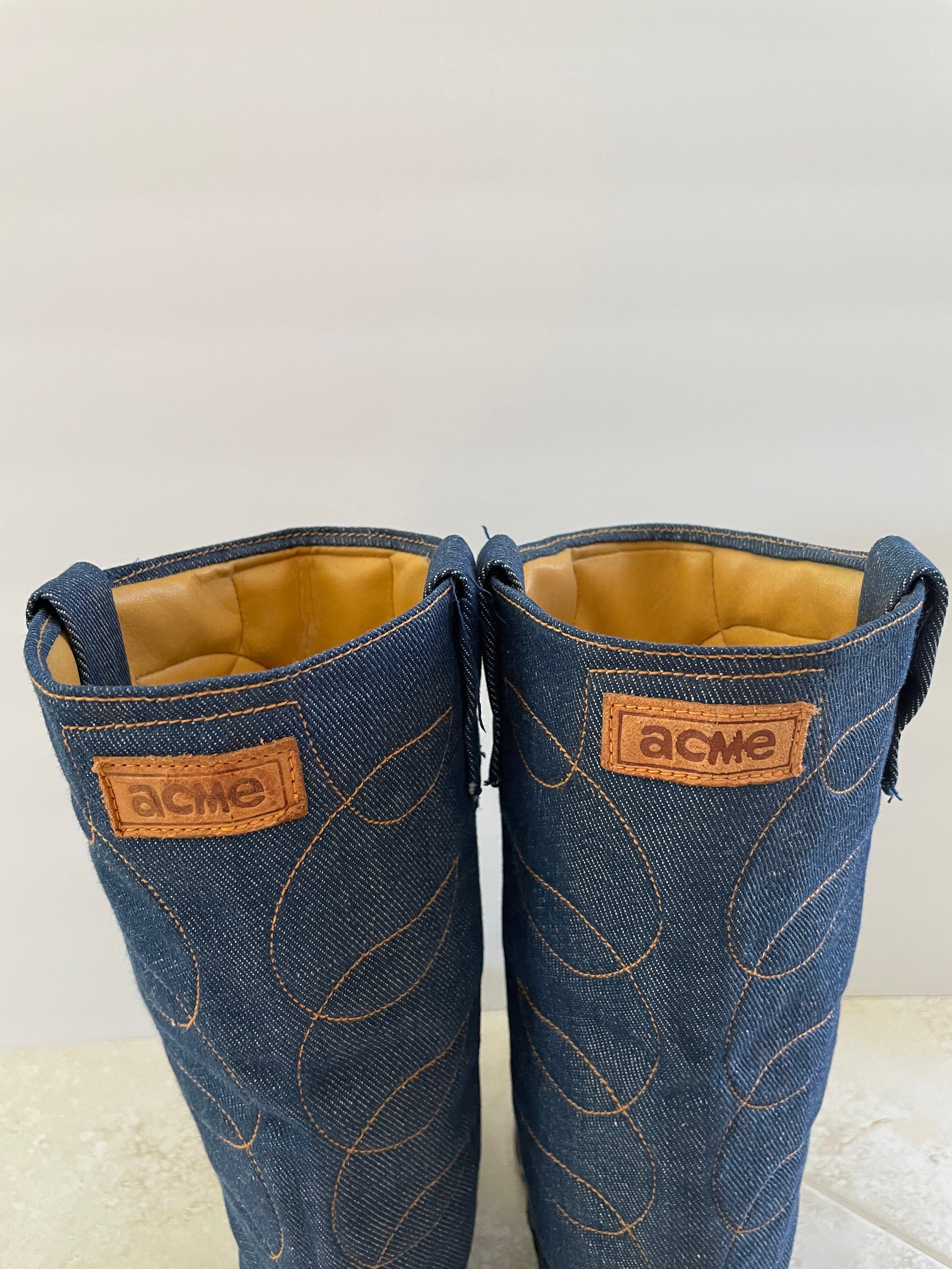 Vintage 1970s ACME Blue Suede and Denim Cowboy Boots - Etsy
