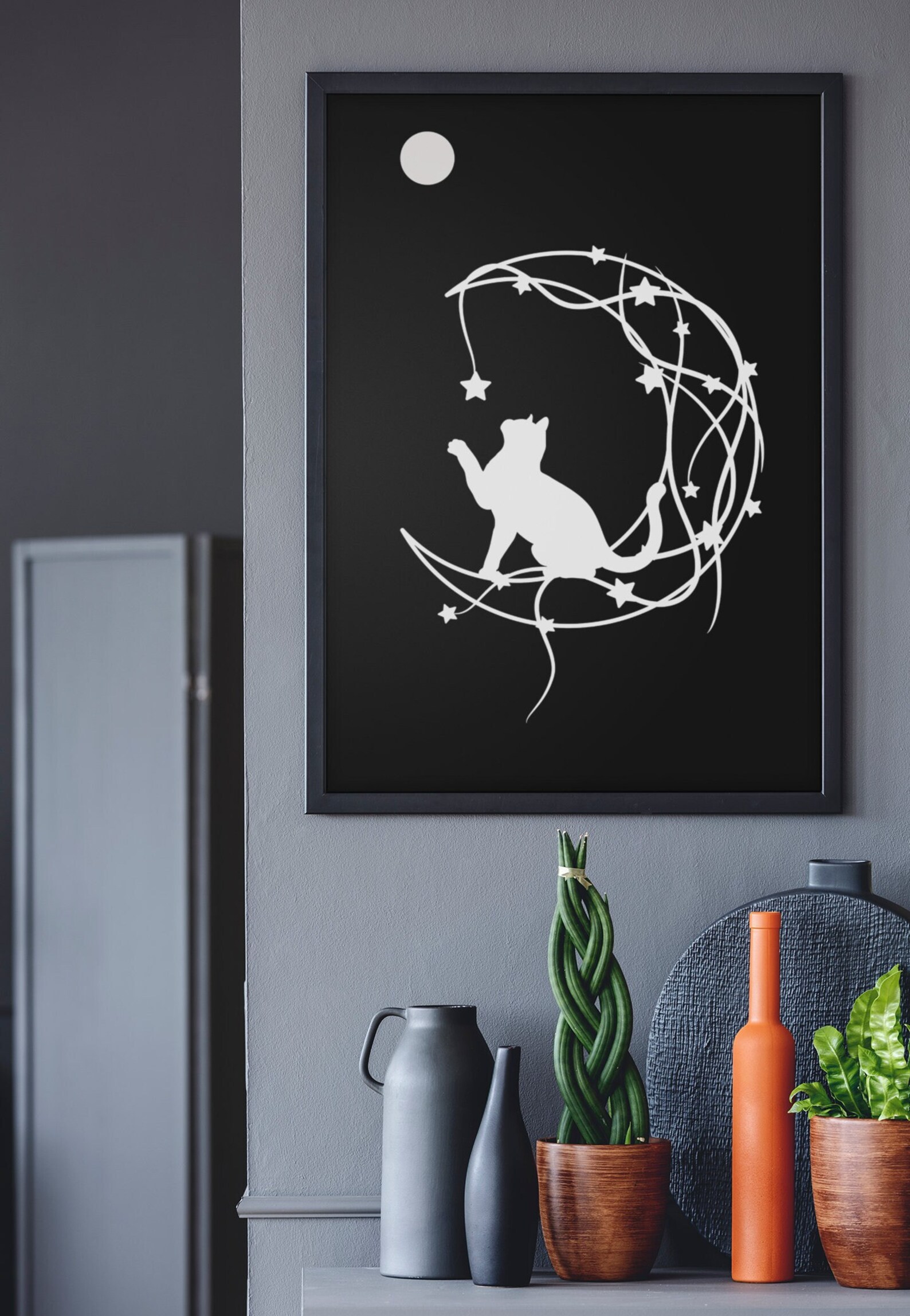 Satin Poster Moon Cat Art Print, Black Boho Minimalistic Cat on ...