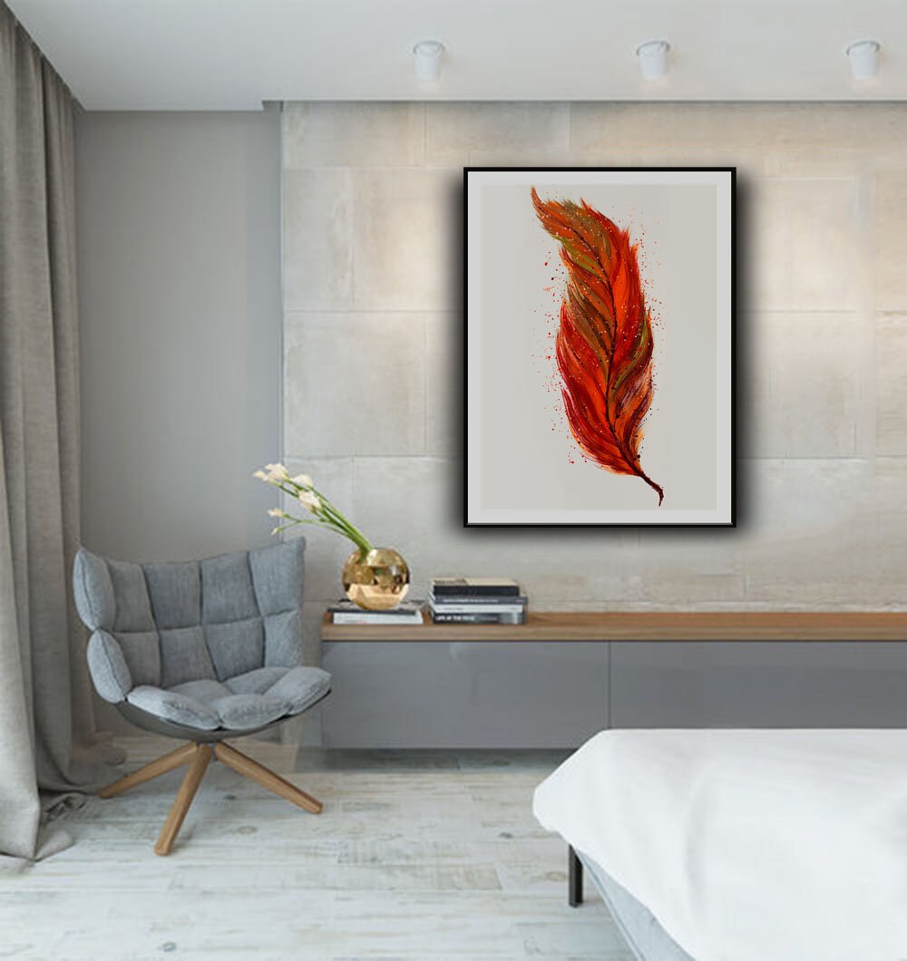 Feather Wall Art, Red Feather Print, Orange Wall Art Print, Printable ...