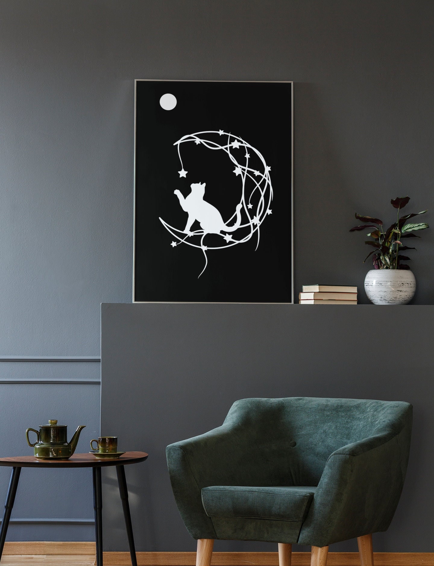 Satin Poster Moon Cat Art Print, Black Boho Minimalistic Cat on ...
